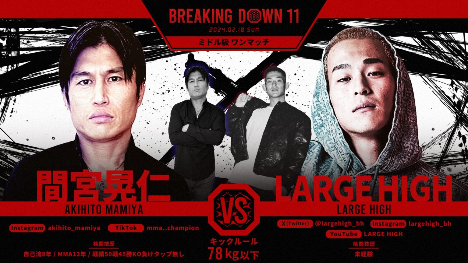 【ブレイキングダウン11】間宮晃仁 Vs Large Highの勝敗予想や試合結果を公開